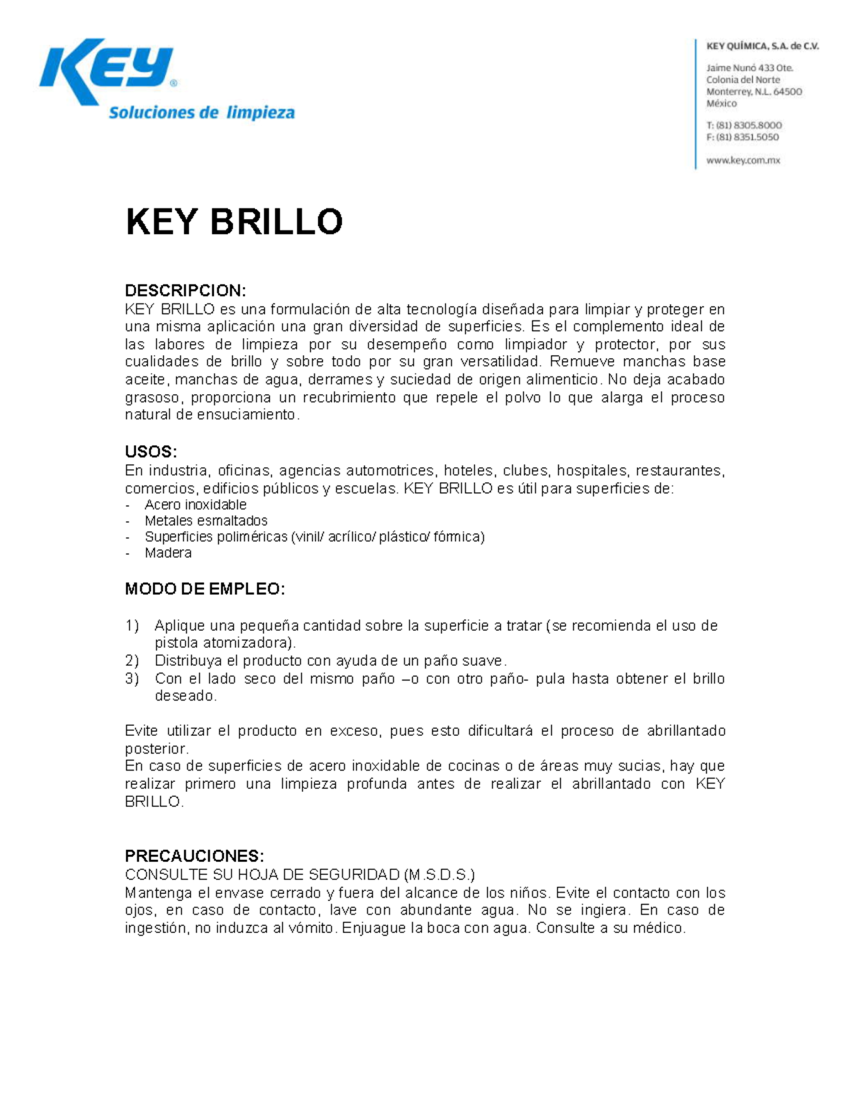 Ficha de Seguridad y Uso del Producto: Key Brillo (Abrillantador) - Studocu