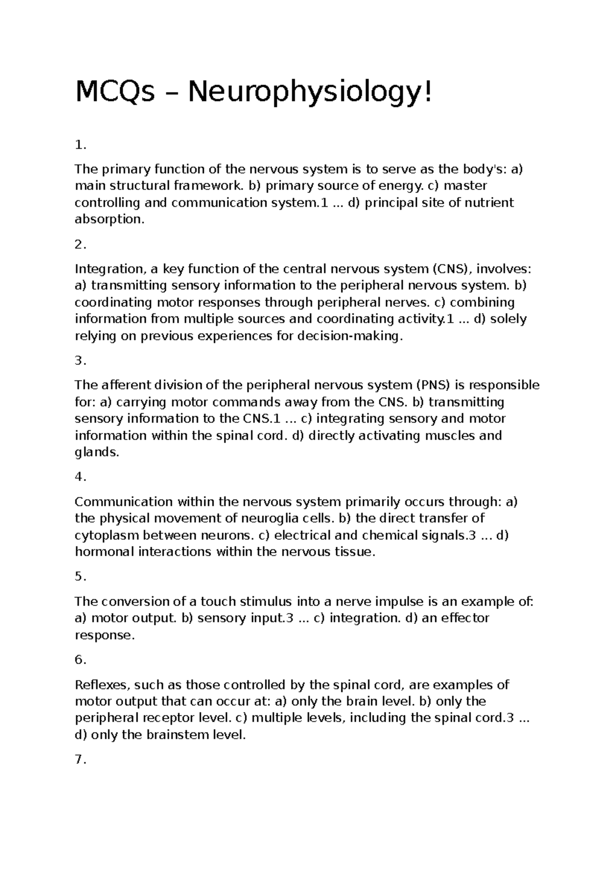 Multiple Choice and Short Questions - Neurophysiology - MCQs ...