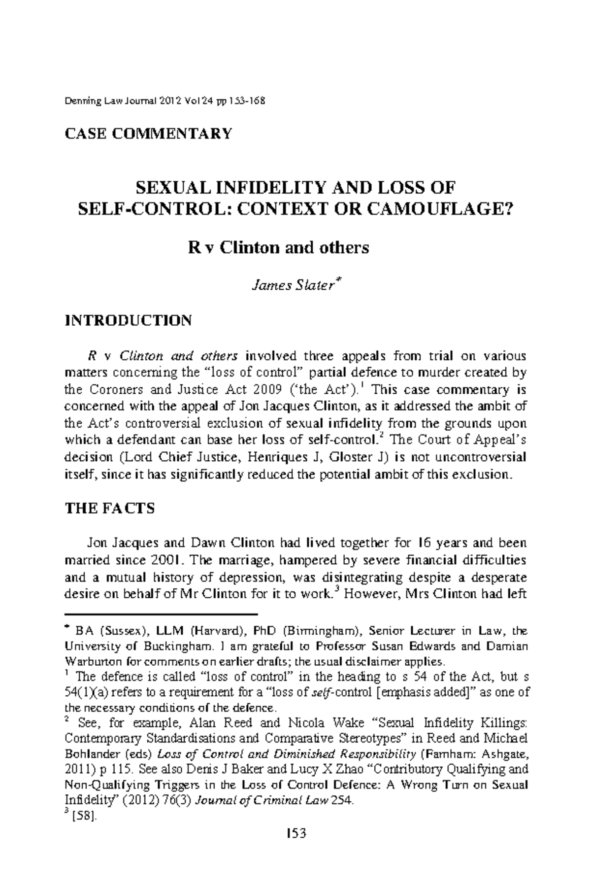 Case Commentary on R v Clinton: Sexual Infidelity and Legal Context ...