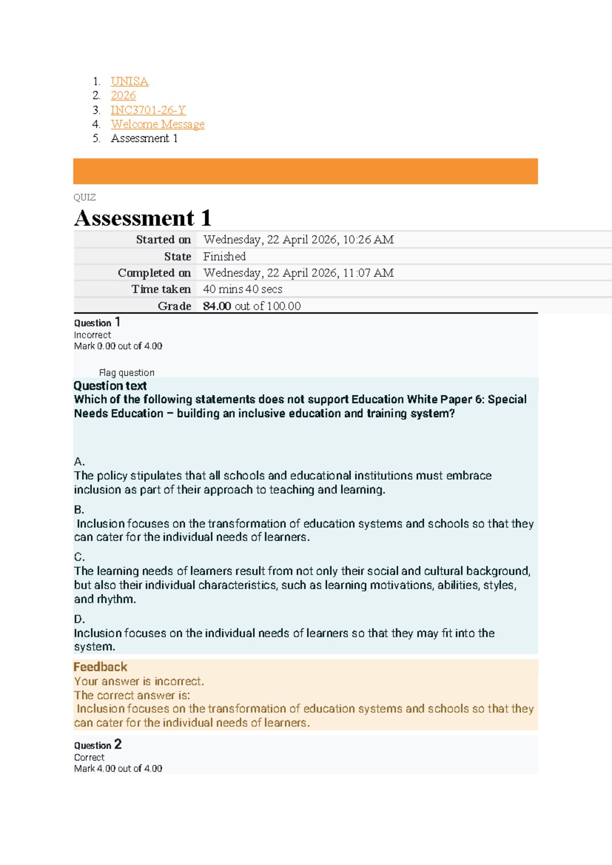 INC 3701 QUIZ 1 - UNISA: Inclusive Education Assessment Insights - Studocu