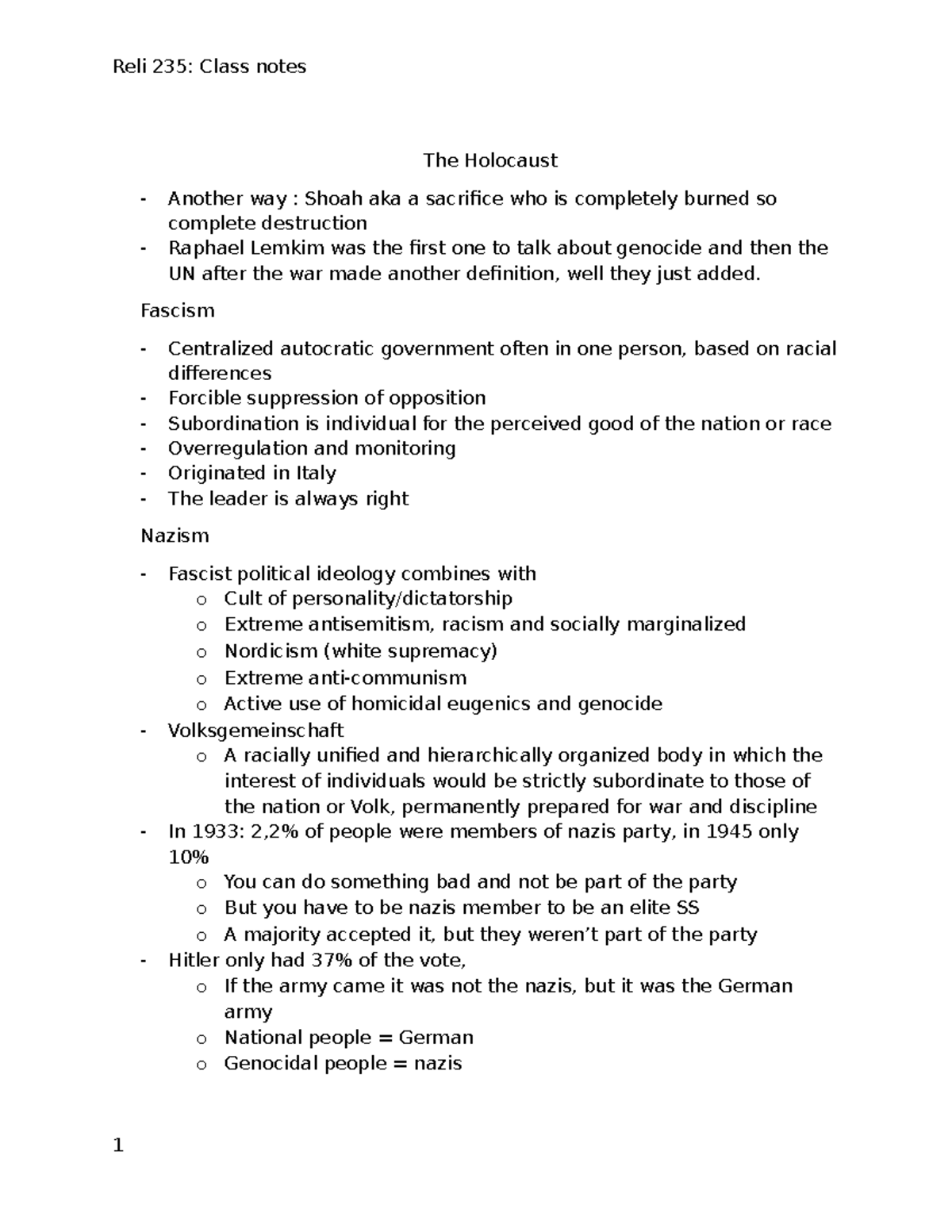 Reli 235: Class Notes on The Holocaust and Genocide - Studocu