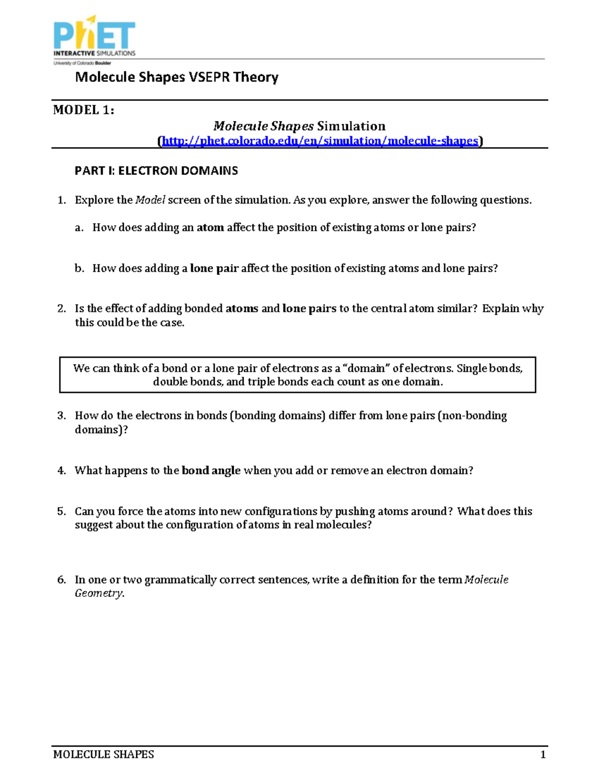 VSEPR Theory & Molecule Shapes Worksheet - Chemistry 101 - Studocu