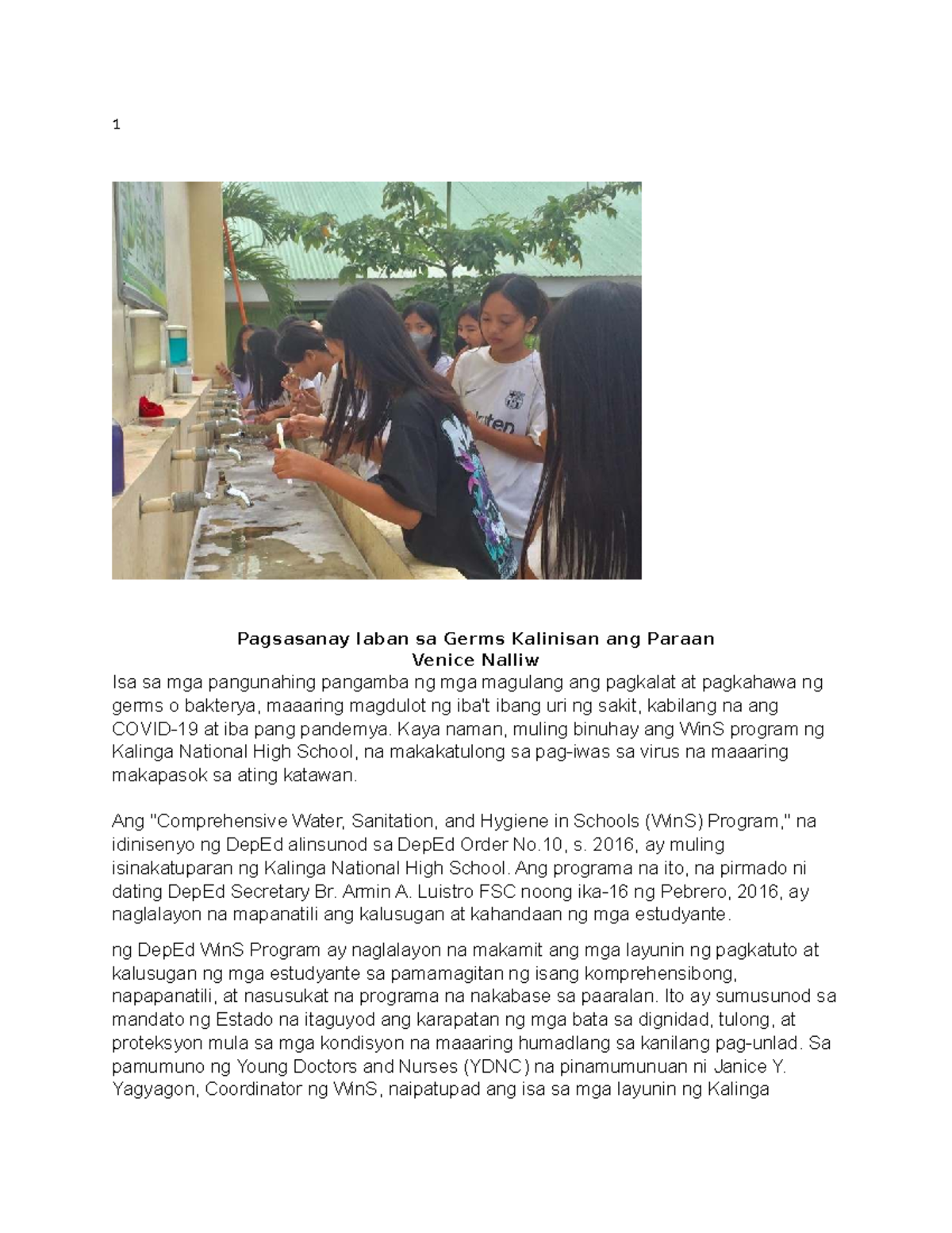 Filipino sa piling larang - 1 Pagsasanay laban sa Germs Kalinisan ang ...