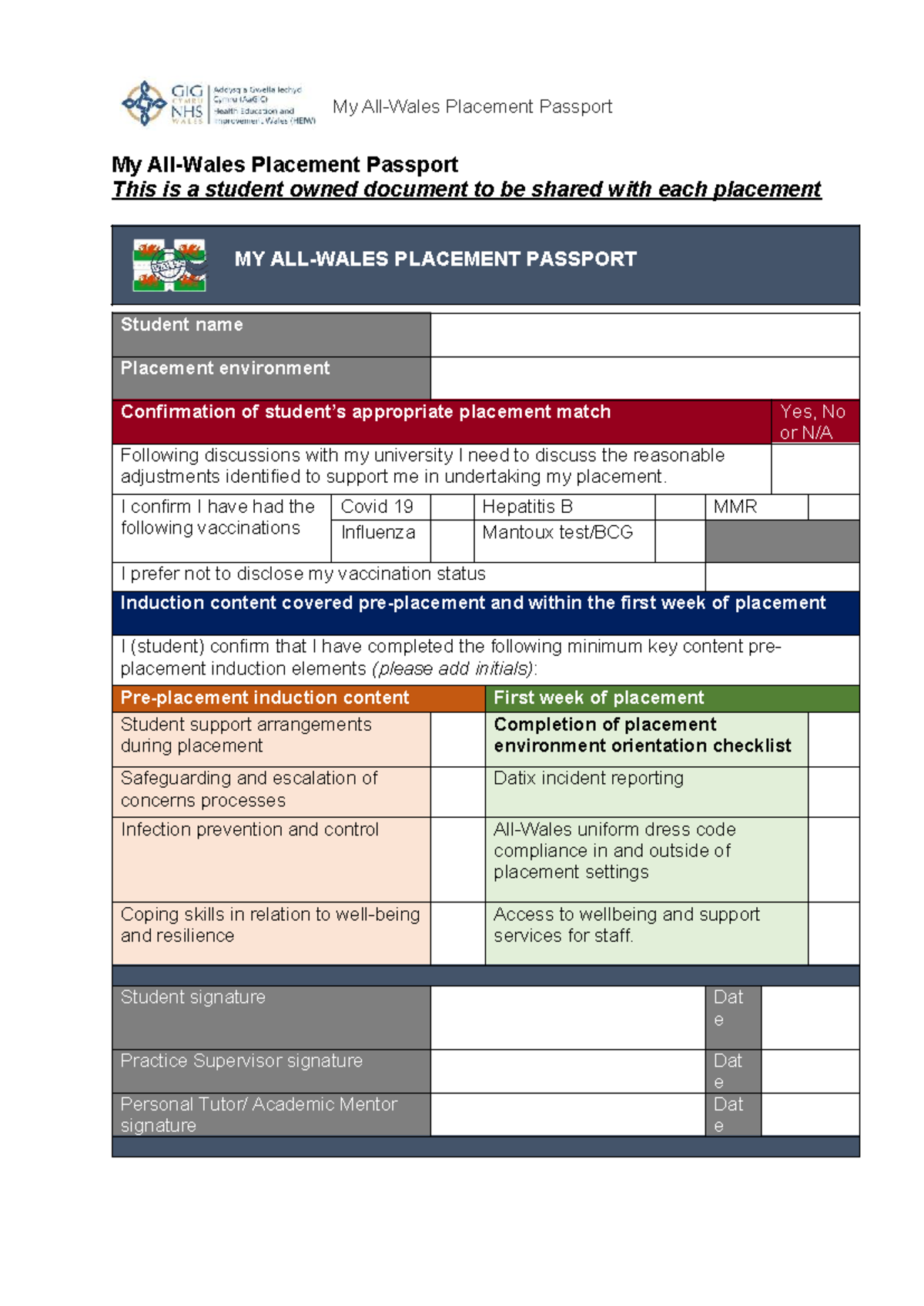 All Wales Placement Passport: Student Induction & Support Checklist ...