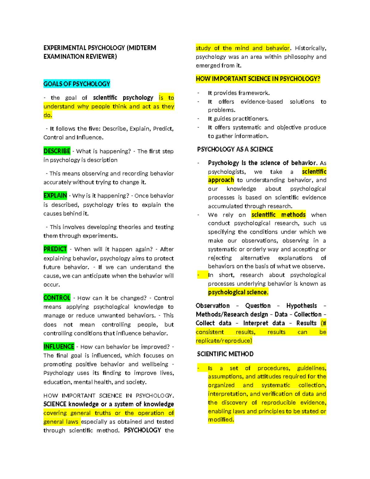 Experimental Psychology (Midterm Exam Reviewer): Goals & Methods - Studocu