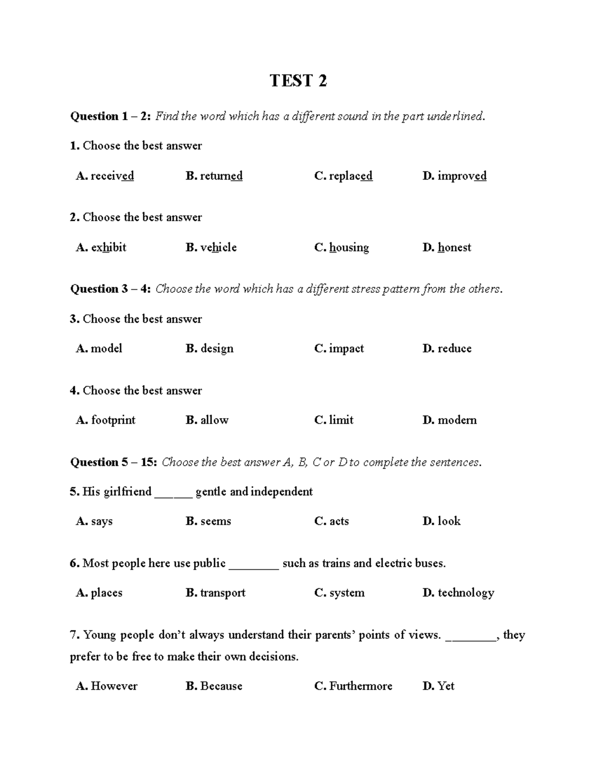 Test 2 Unit 2 (Midterm) - Listening and Reading Comprehension Questions ...