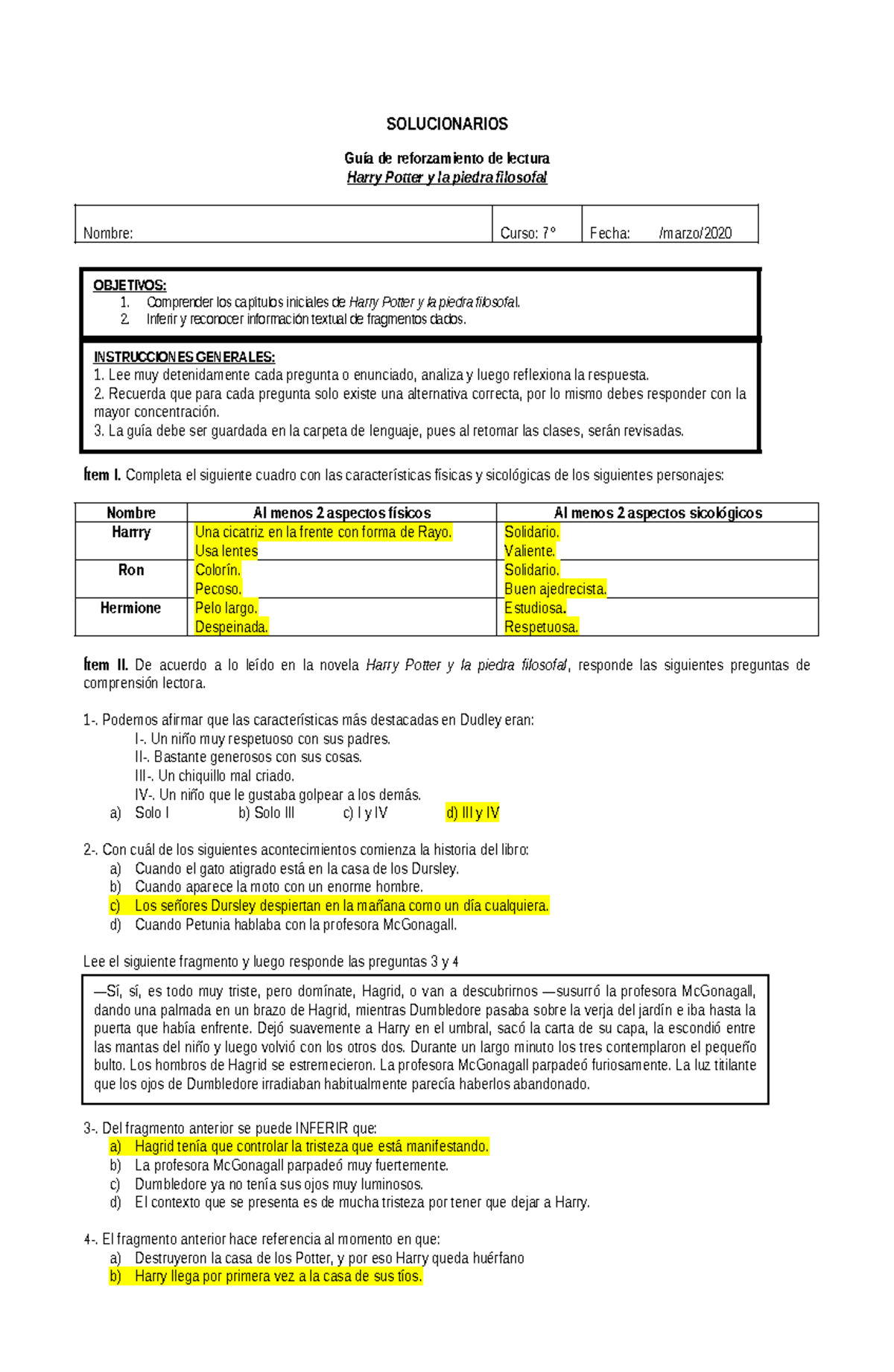Guía de Comprensión Lectora de "Harry Potter y la Piedra Filosofal" - 7 ...