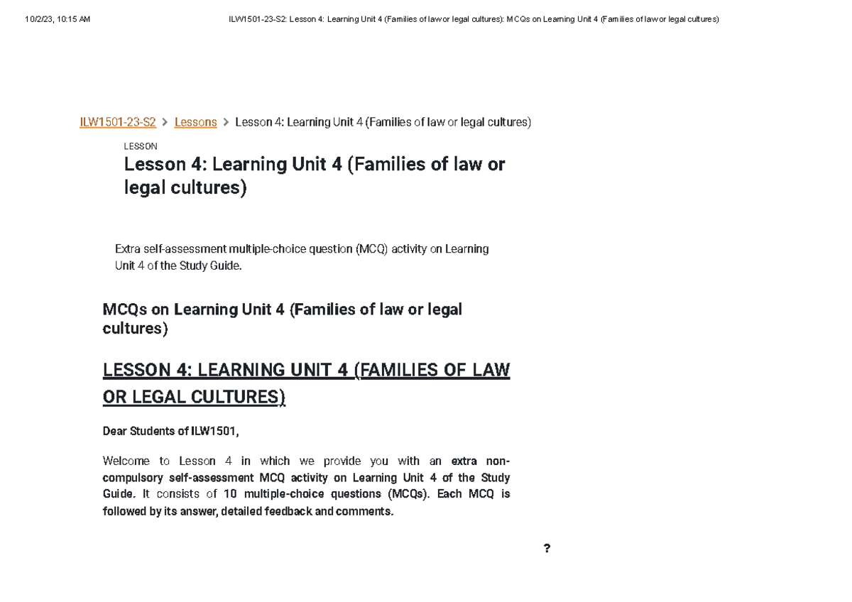ILW1501-23-S2 Lesson 4 MCQs on Legal Cultures & Families of Law - Studocu