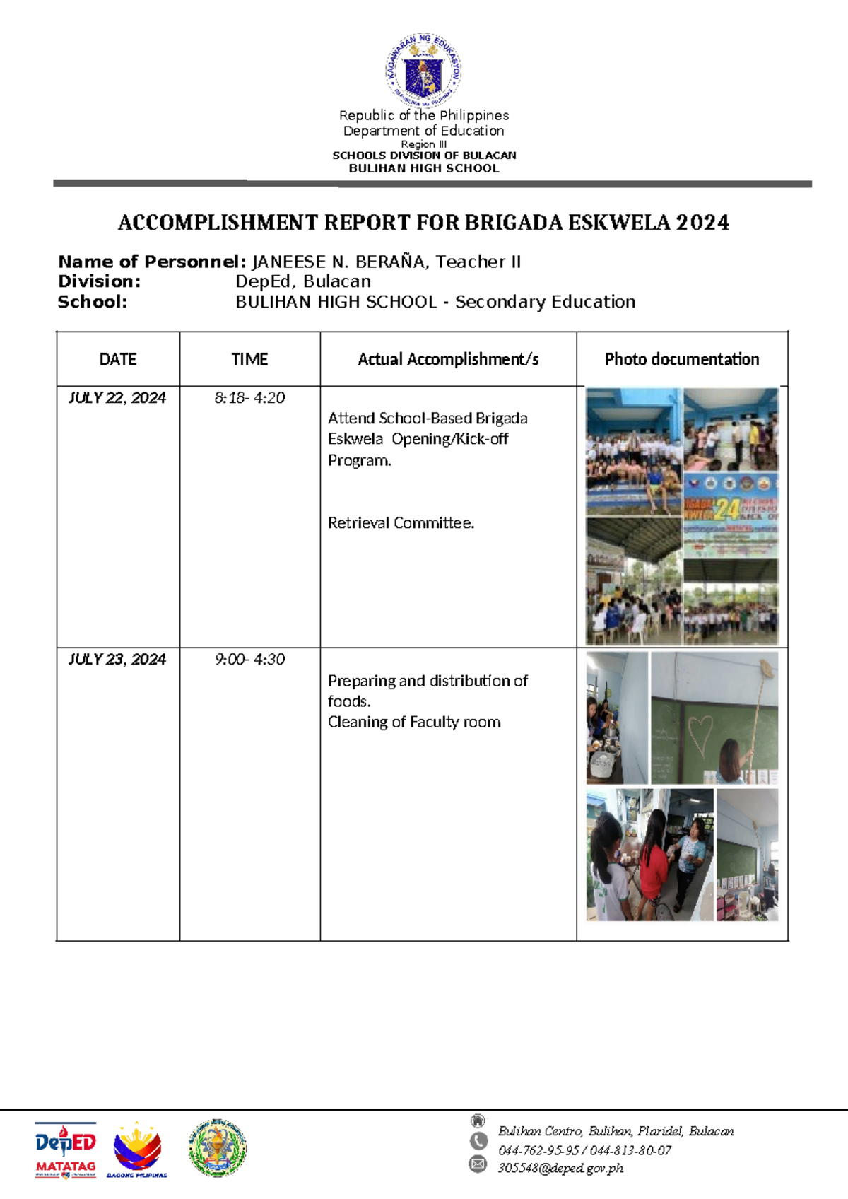 Accomplishment report of Brigada Eskwela 2024 ness - Bulihan Centro ...