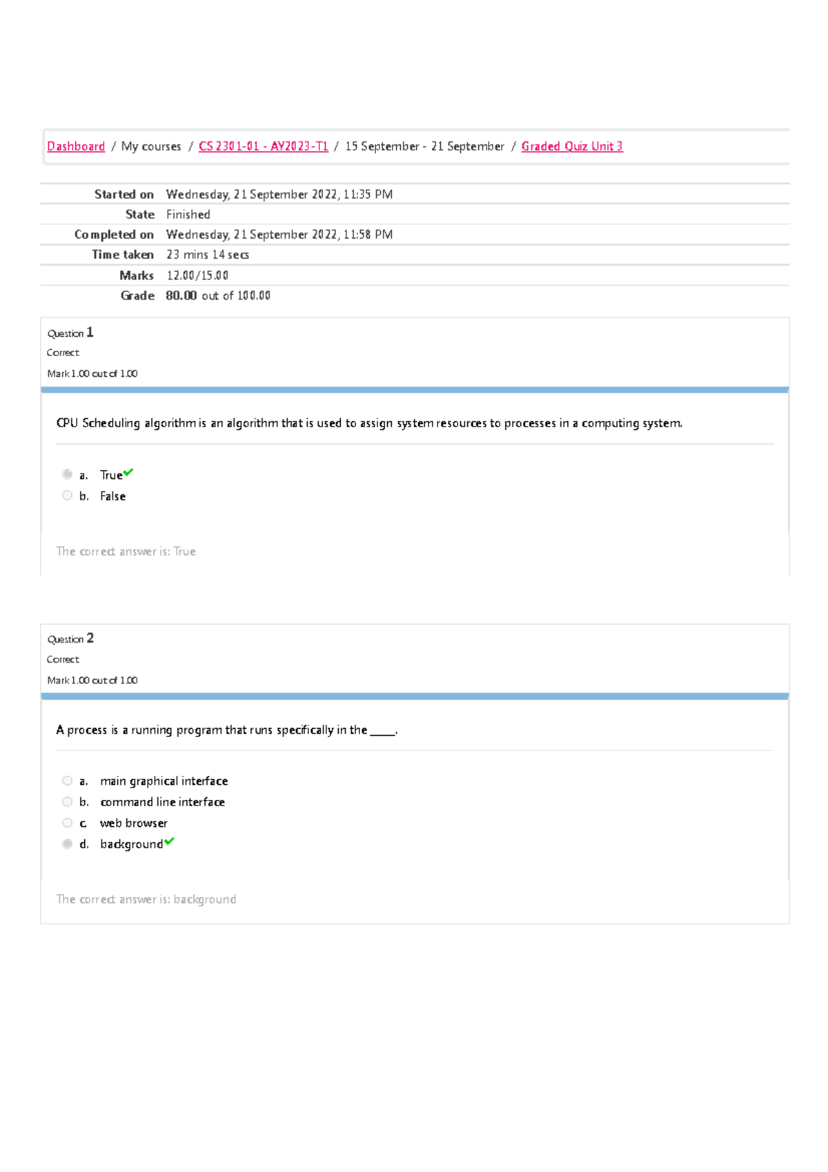 Graded Quiz Unit 3: Operating Systems 1 Results and Review - Studocu