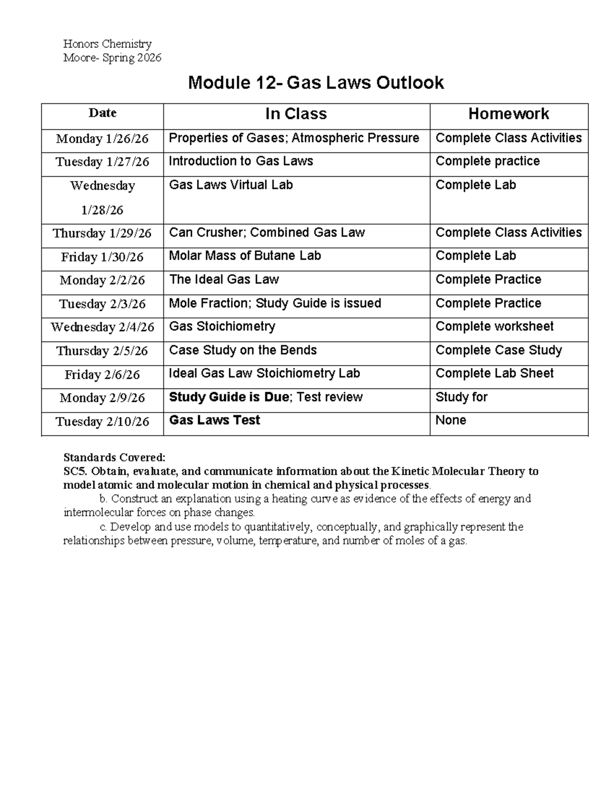 Spring 2026 Honors Chemistry Unit 2 Outlook: Gas Laws Activities - Studocu