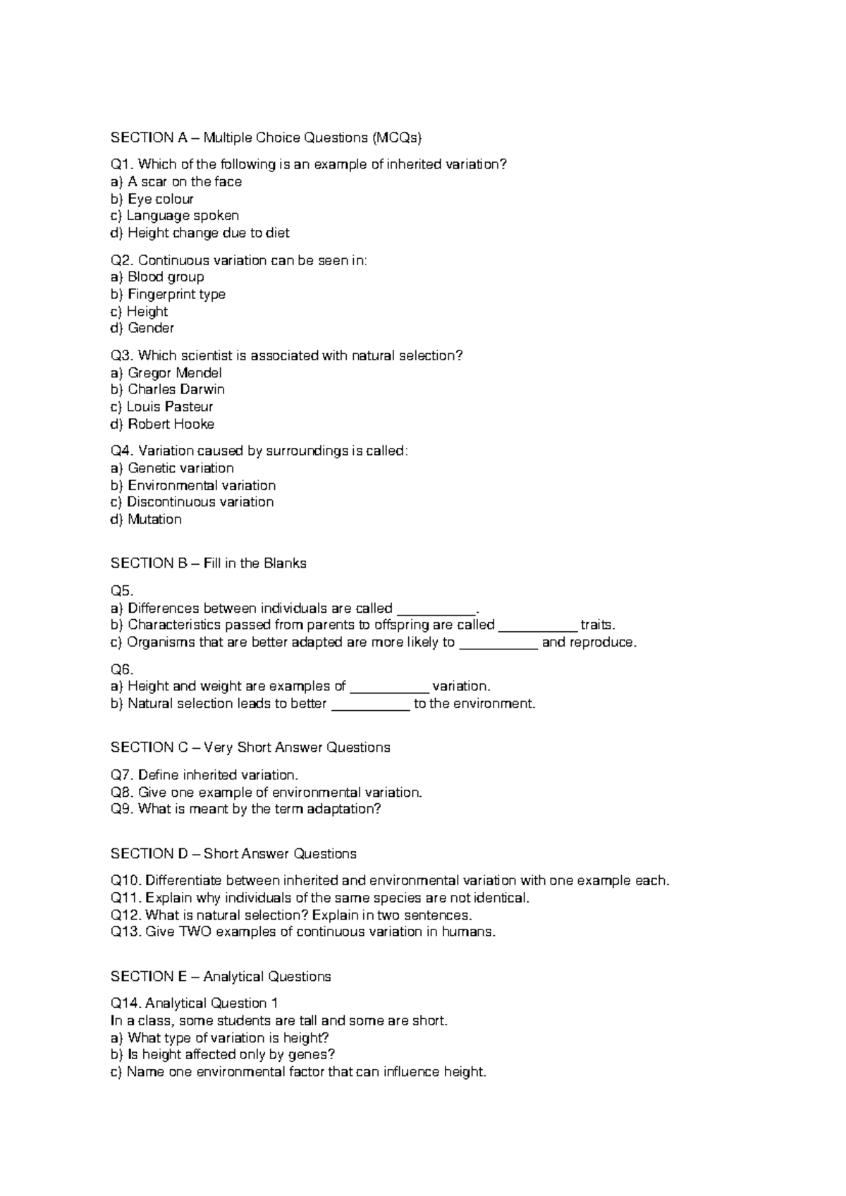 Variation Worksheet - Study Material for Biology 101 - Studocu