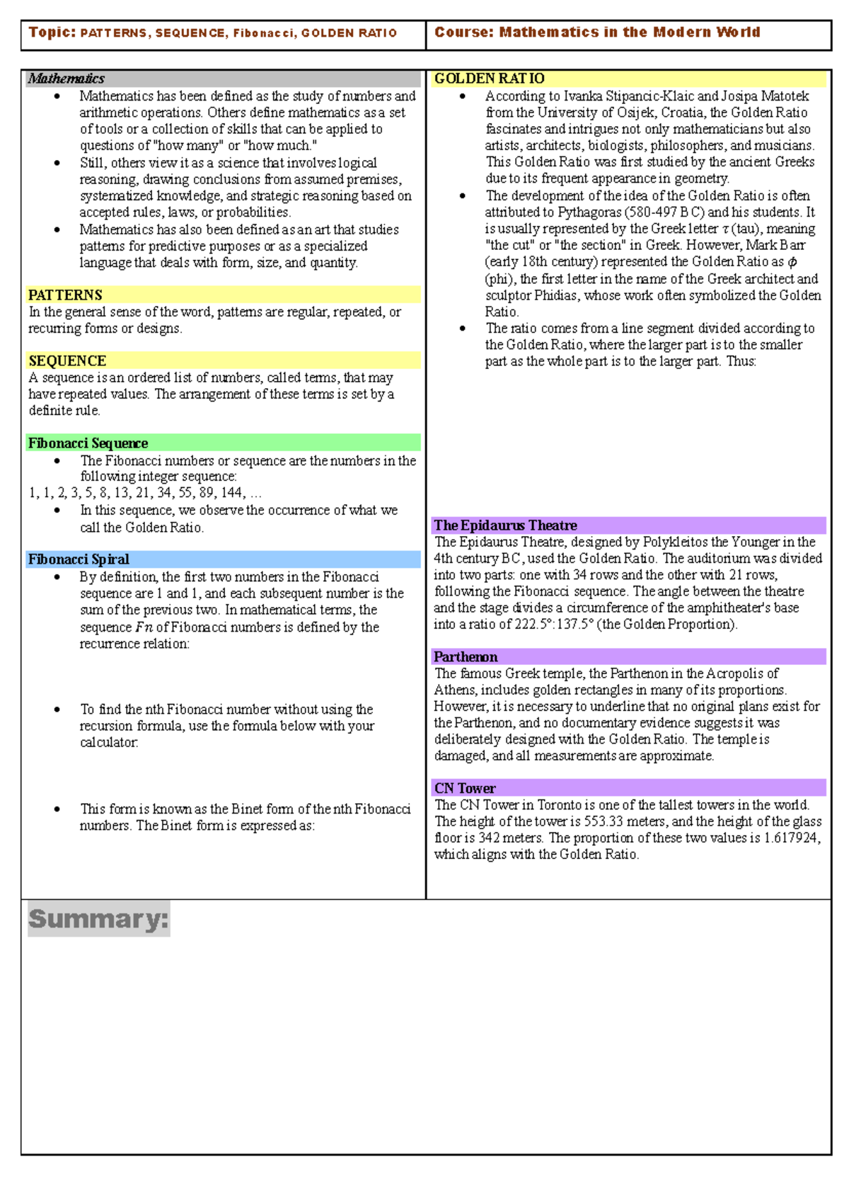 MMW Week 2: Patterns, Sequences, Fibonacci & Golden Ratio - Studocu