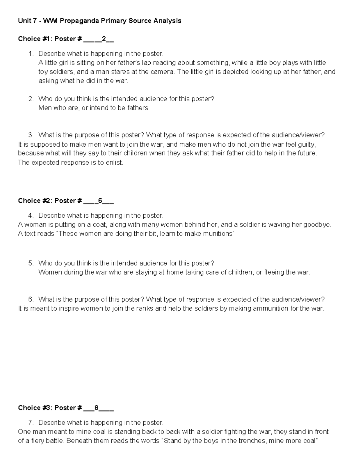 WWI Propaganda Analysis - Unit 7 - WWI Propaganda Primary Source ...