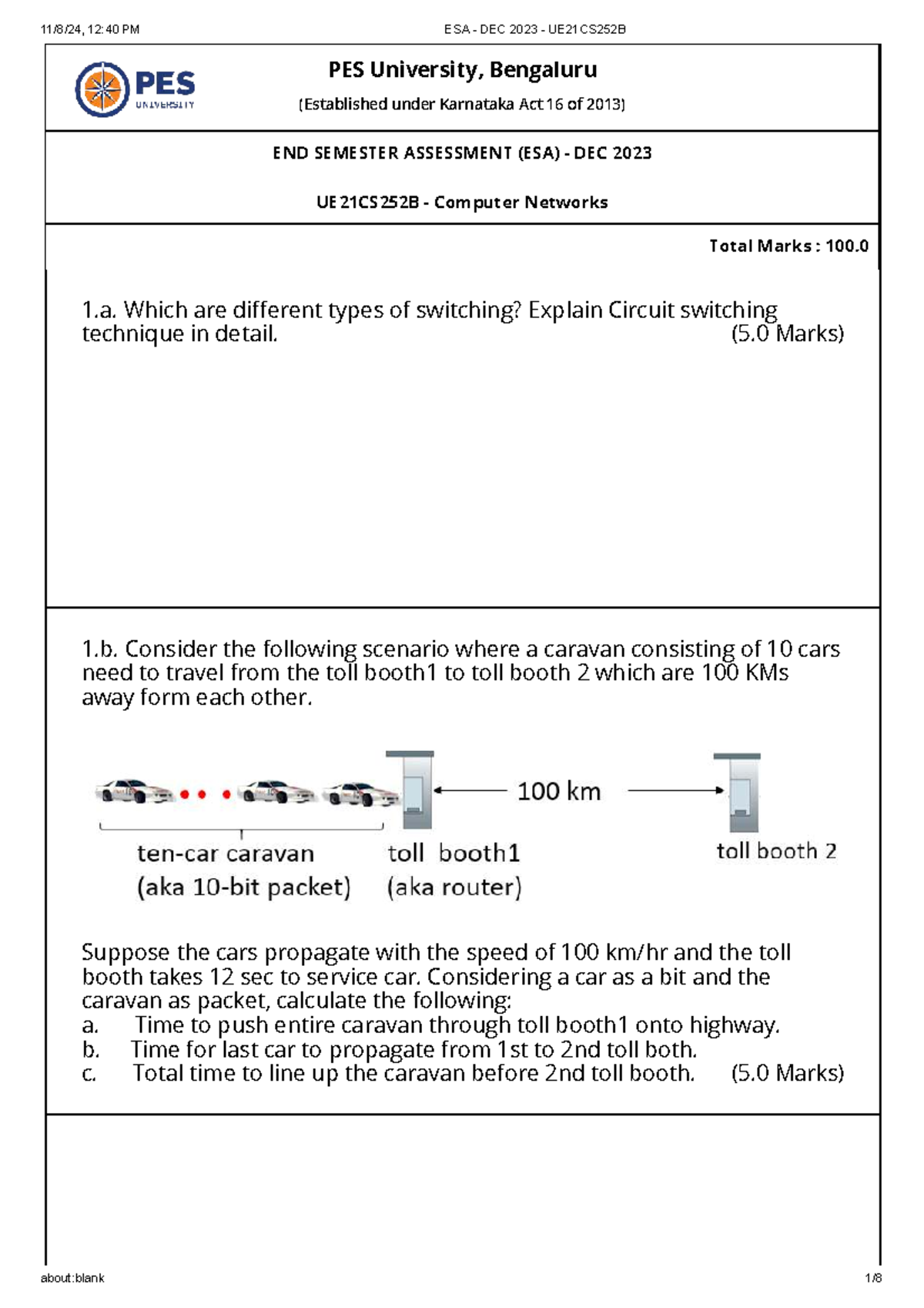 UE21CS252B End Semester Assessment (ESA) Dec 2023 - Computer Networks ...