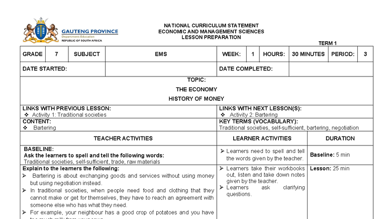 NATIONAL CURRICULUM EMS GRADE 7 LESSON PLAN: BARTERING - Studocu