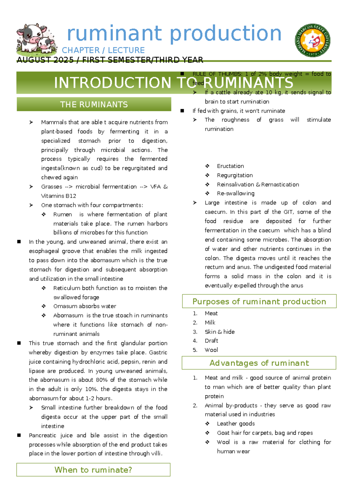 Introduction to Ruminant Production: Chapter Lecture August 2025 - Studocu