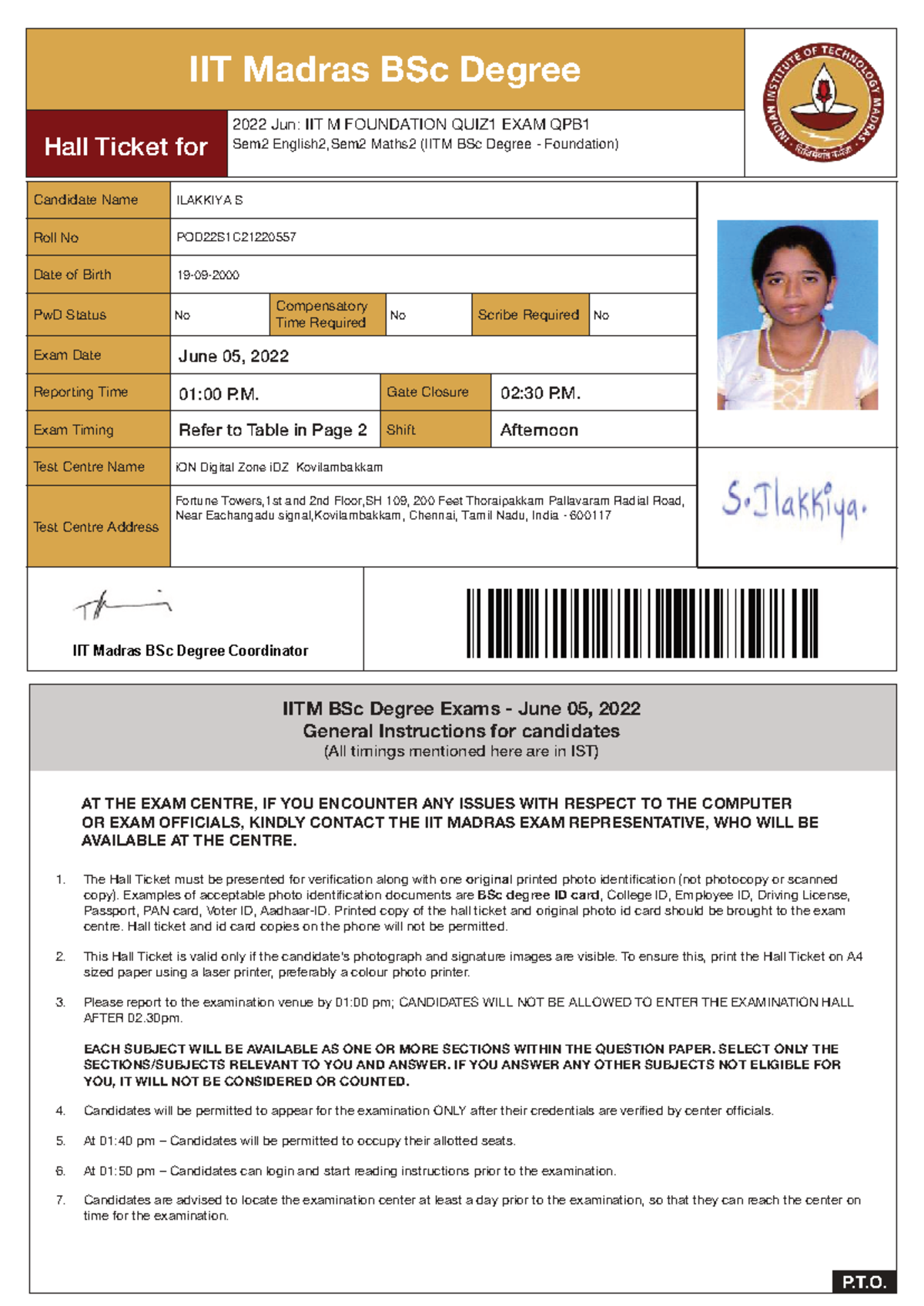 IIT Madras BSc Degree Foundation Quiz 1 Hall Ticket - June 2022 - Studocu
