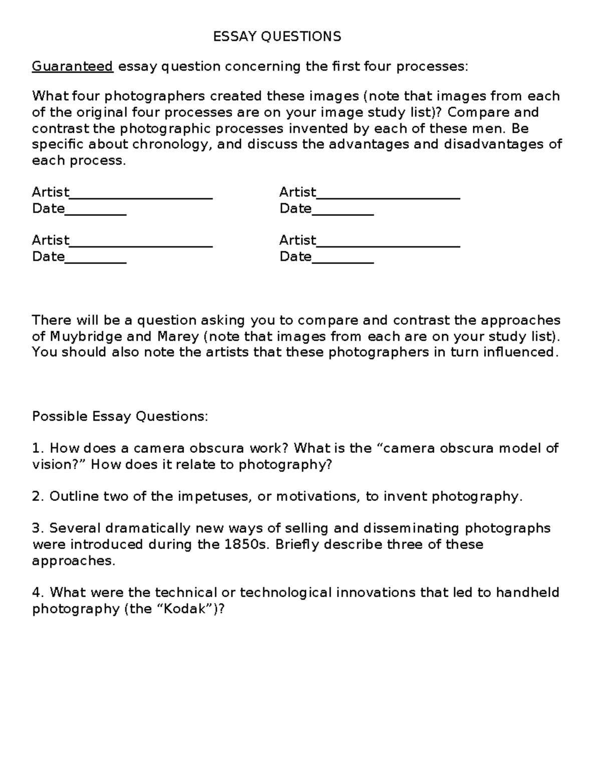 Essay Questions: Historical Photographic Processes (ART 101) - Studocu