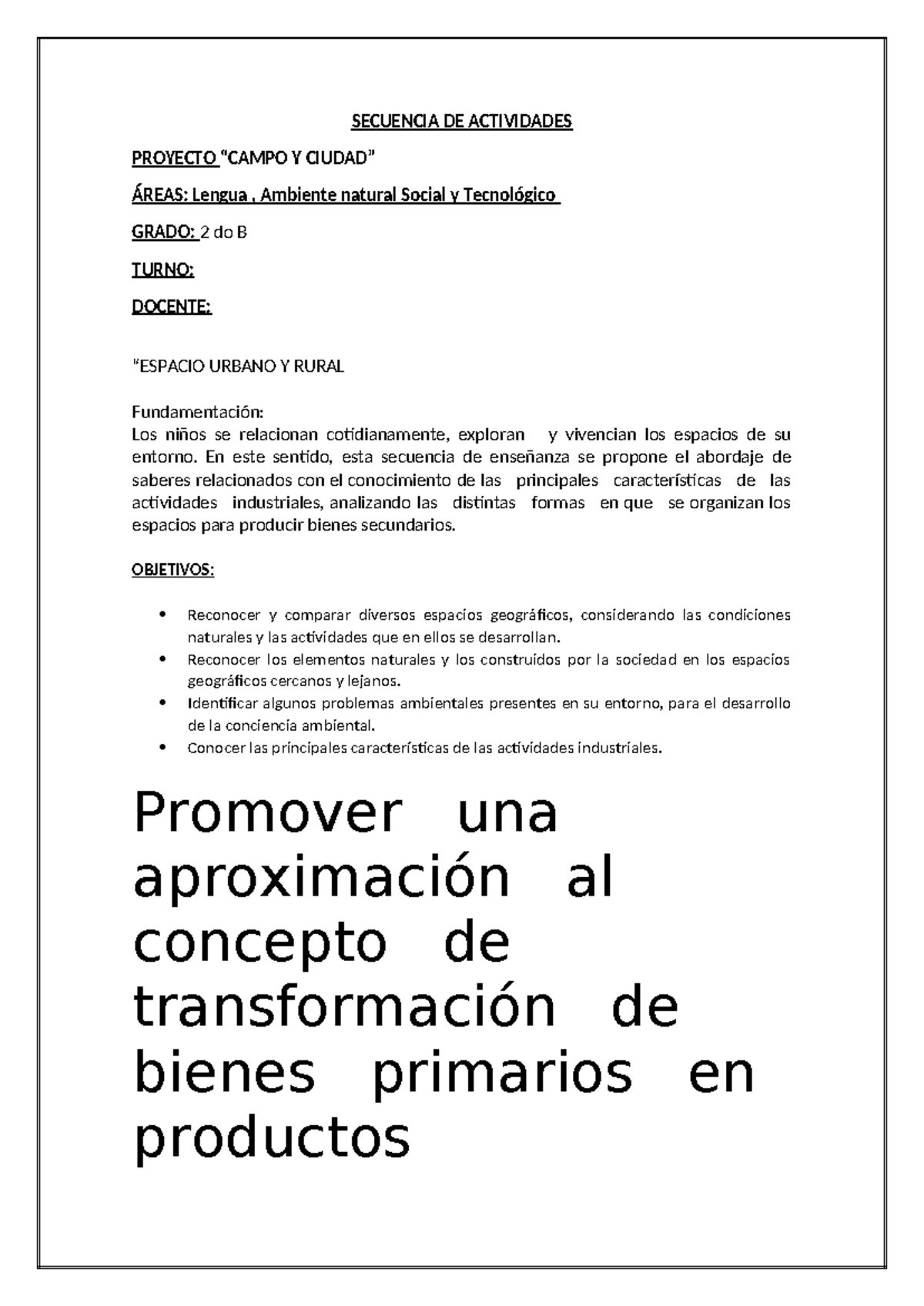 Proyecto Campo y Ciudad - Grado 2B: Actividades de Aprendizaje - Studocu