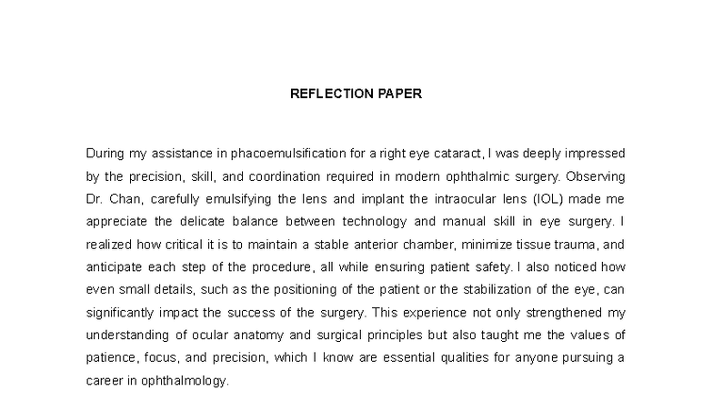 Ophthalmology Rotation Reflection Paper: Insights & Experiences - Studocu