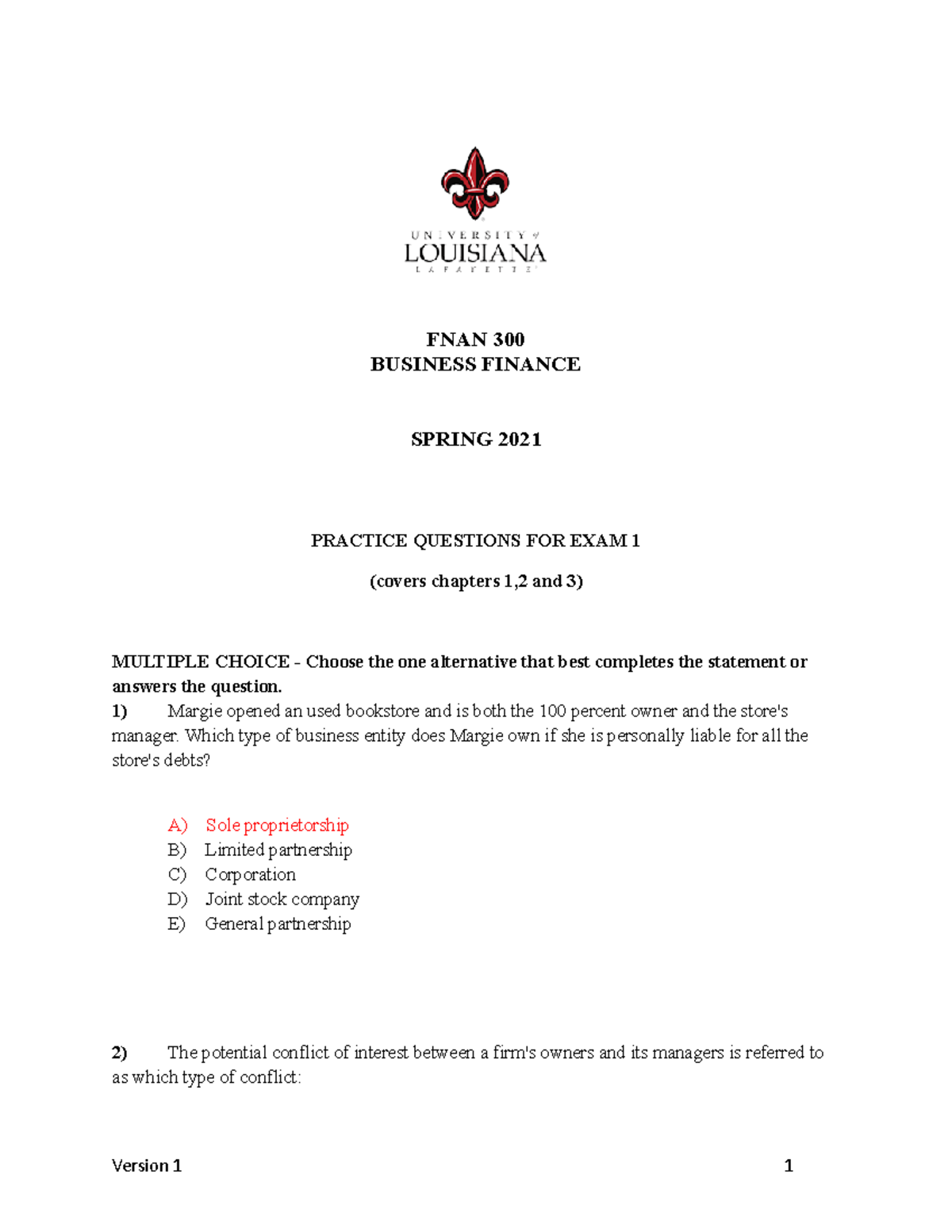 FNAN 300 Business Finance Exam 1 Practice Questions Guide - Studocu