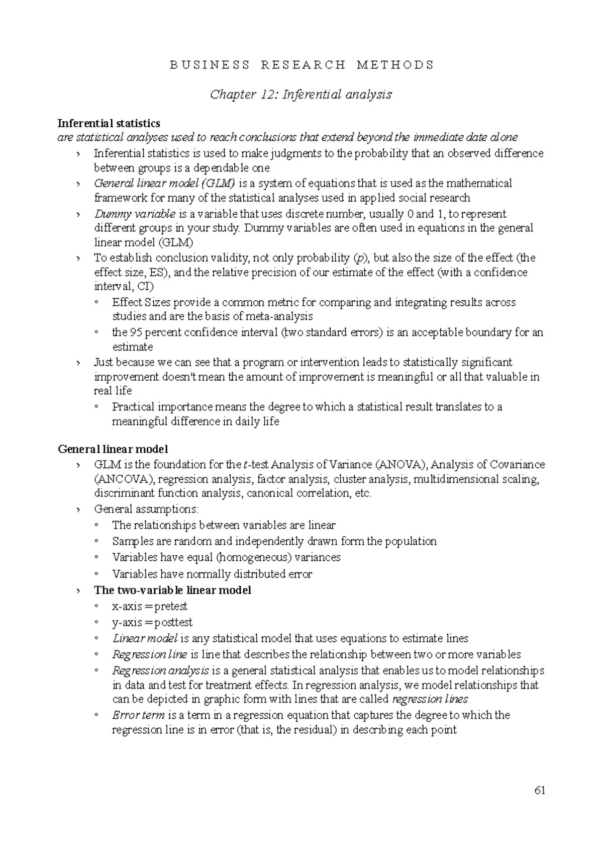 BRM Summary C 12 - Chapter 12: Inferential analysis Inferential ...