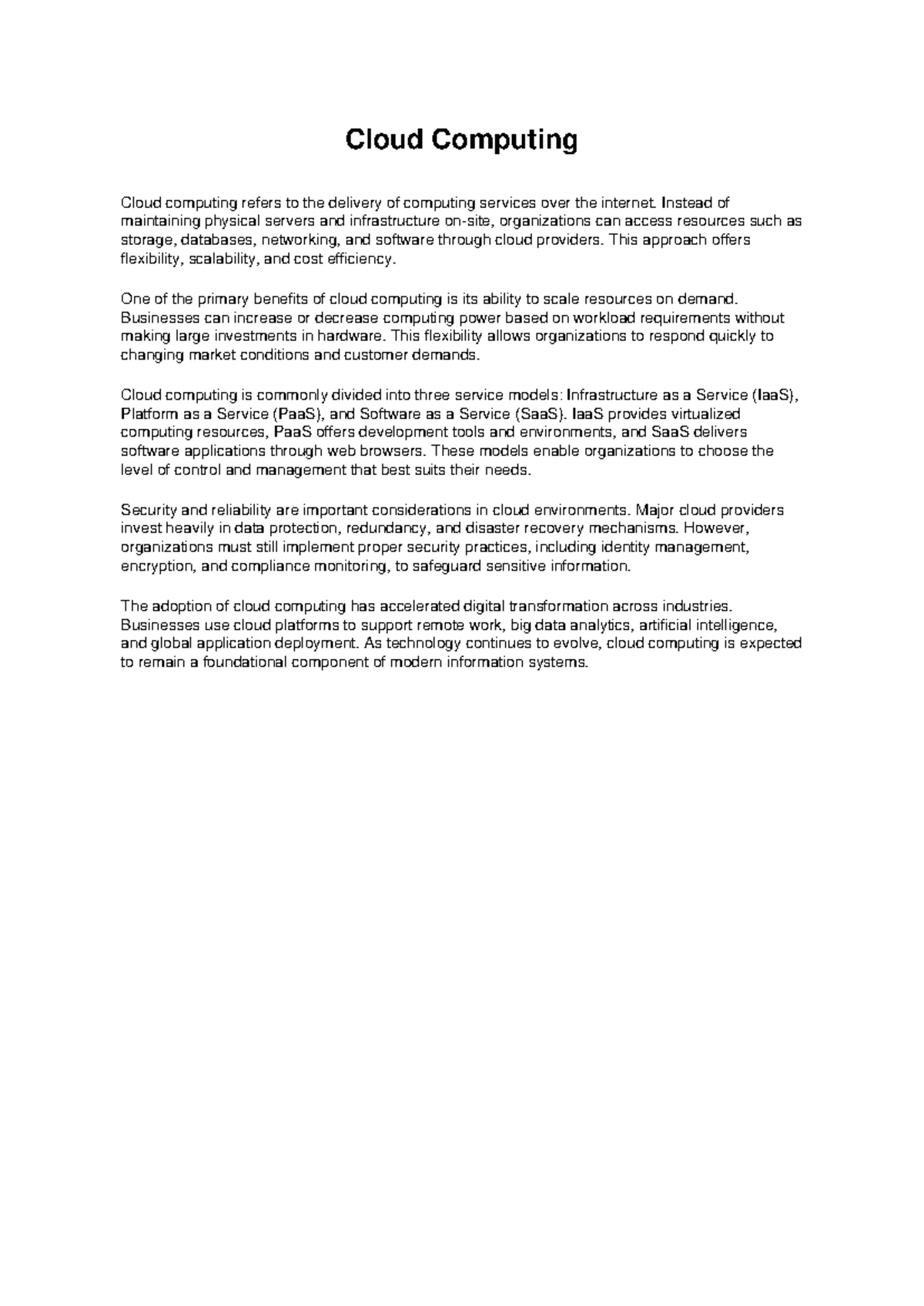 Cloud Computing Essay for Extra Credit: Key Concepts & Benefits - Studocu