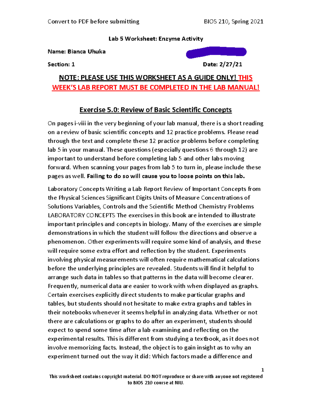 Lab 5 - Enzyme Activity: Key Concepts and Worksheet Details - Studocu