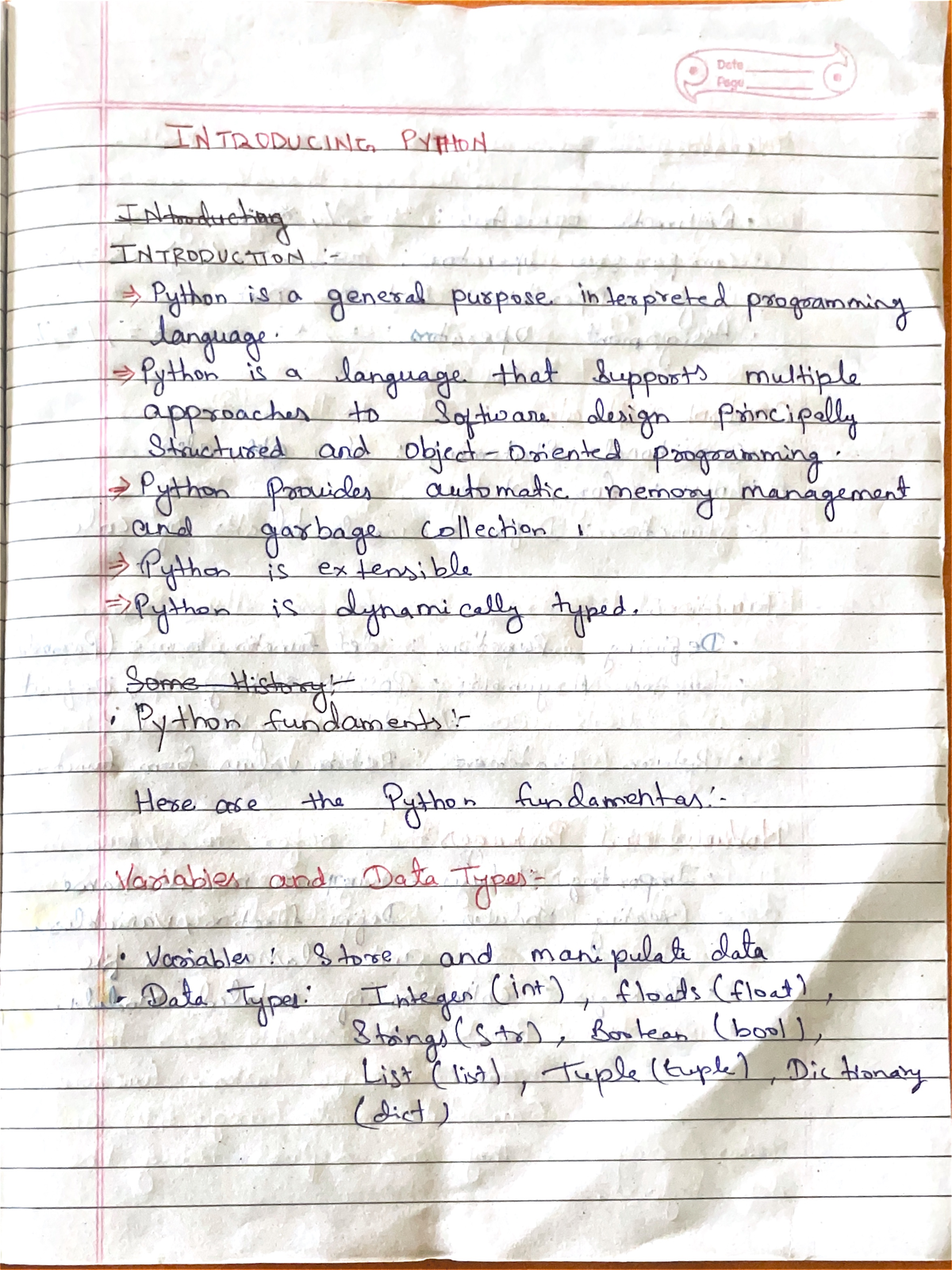 Unit1 python - Basic notes - Date Page INTRODUCING PYAHON Python is a ...