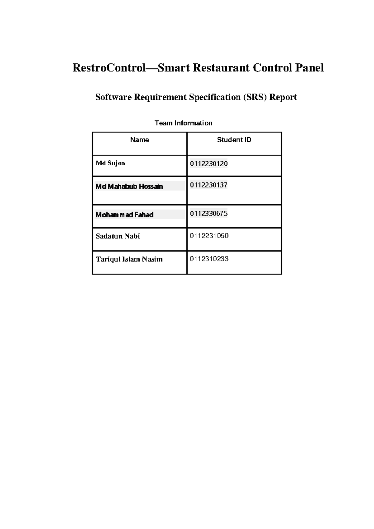 SAD-SRS: Restaurant Control Panel Software Requirement Specification ...