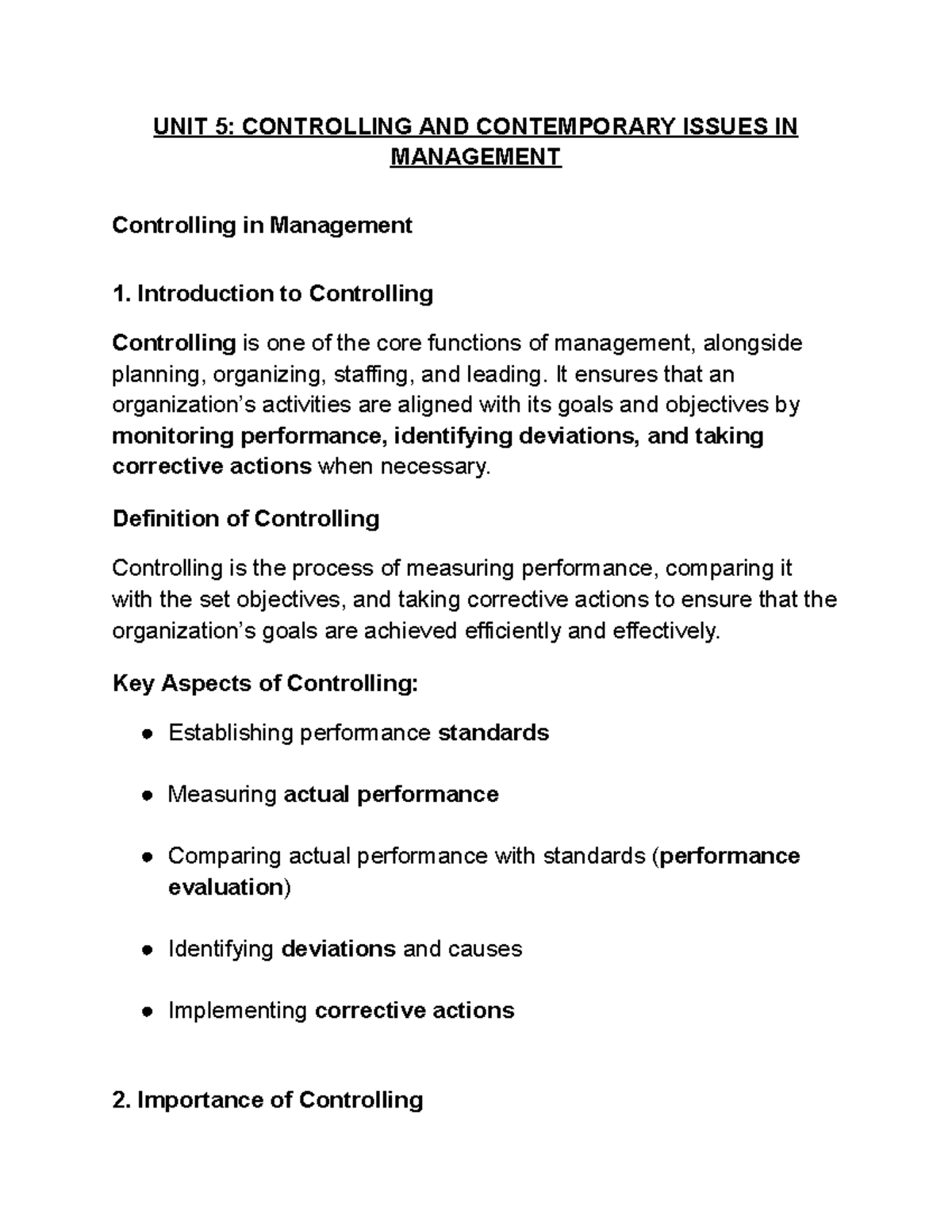 Unit 5: Controlling & Contemporary Issues in Management (Principles of ...