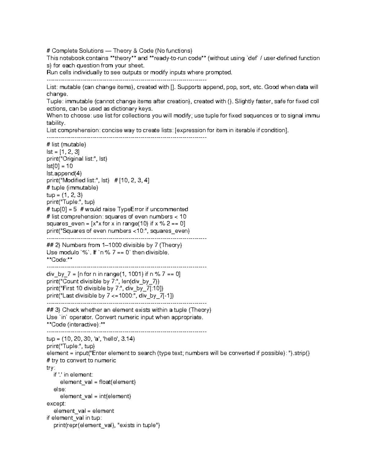 Complete Solutions Theory (No Functions) for Code Questions - Studocu