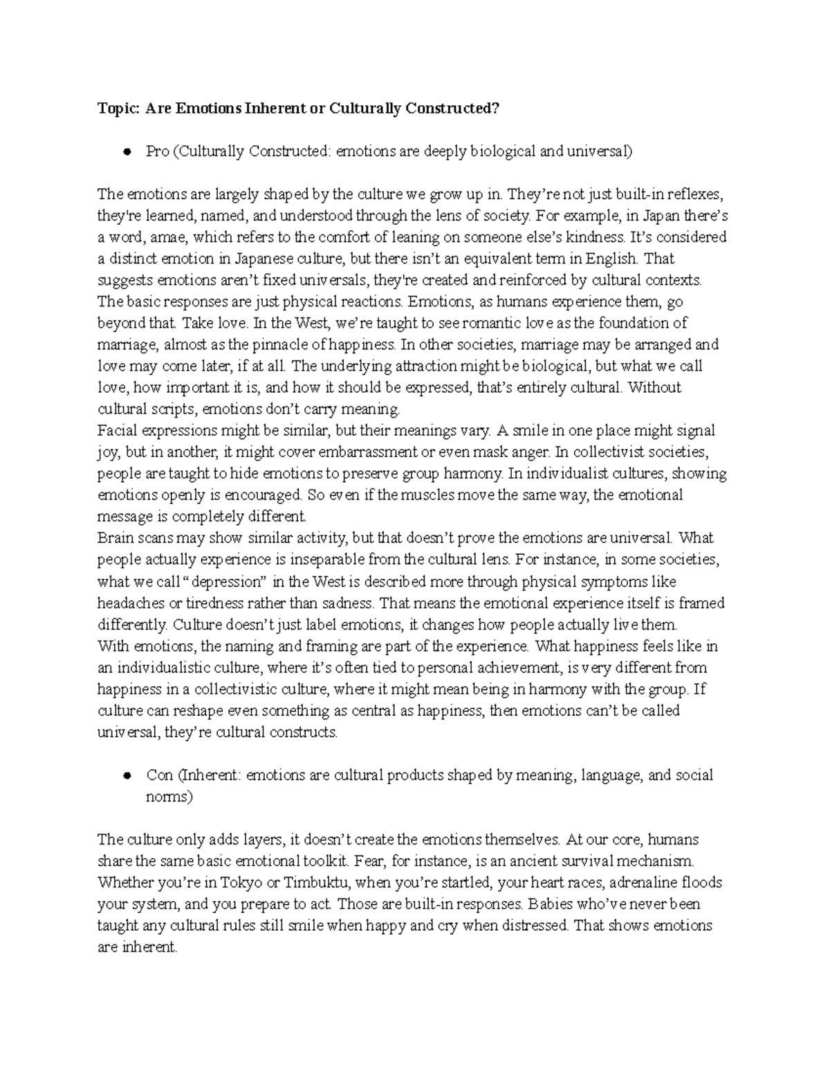 Turncoat Debate: Are Emotions Inherent or Culturally Constructed? - Studocu