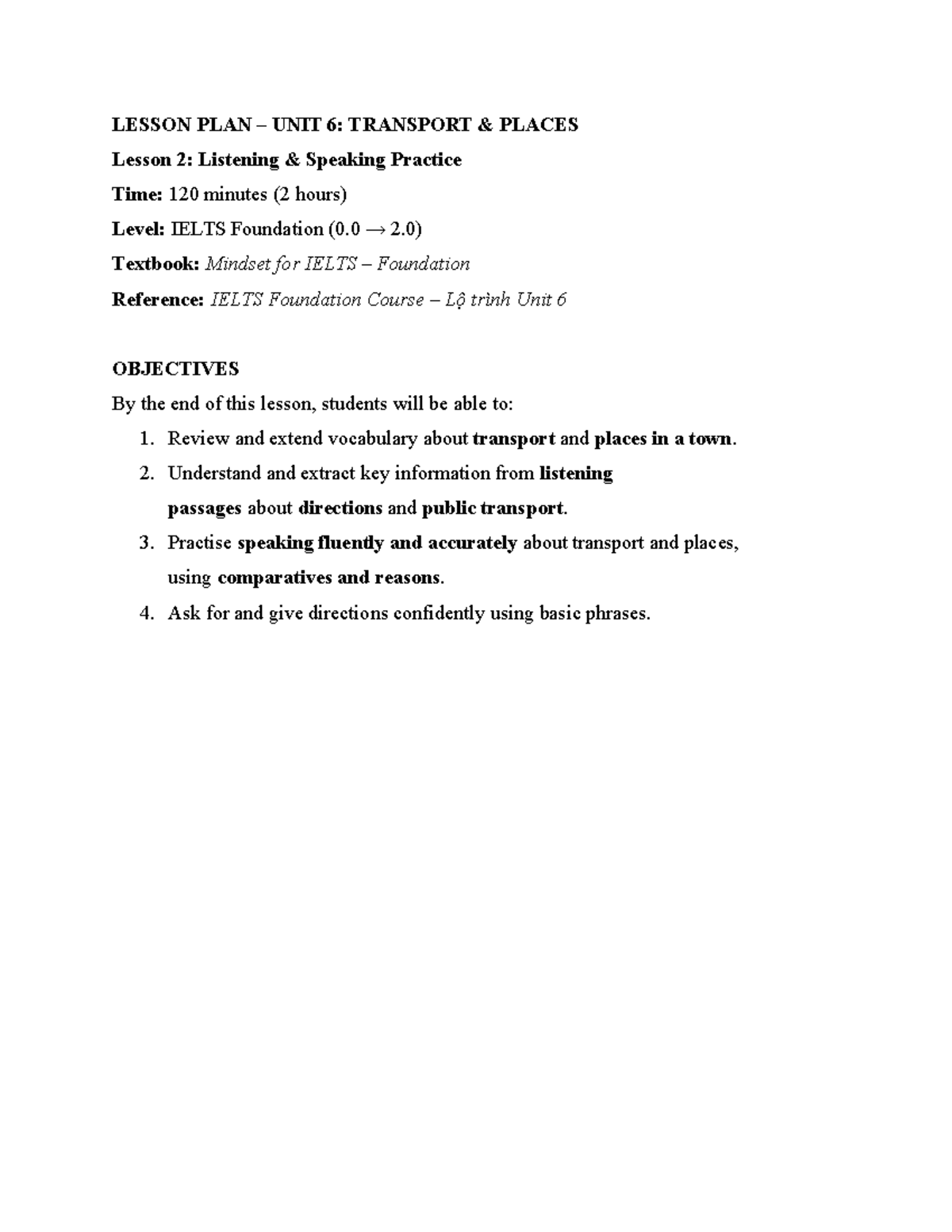 IELTS Foundation - Lesson Plan Unit 6: Transport & Directions - Studocu