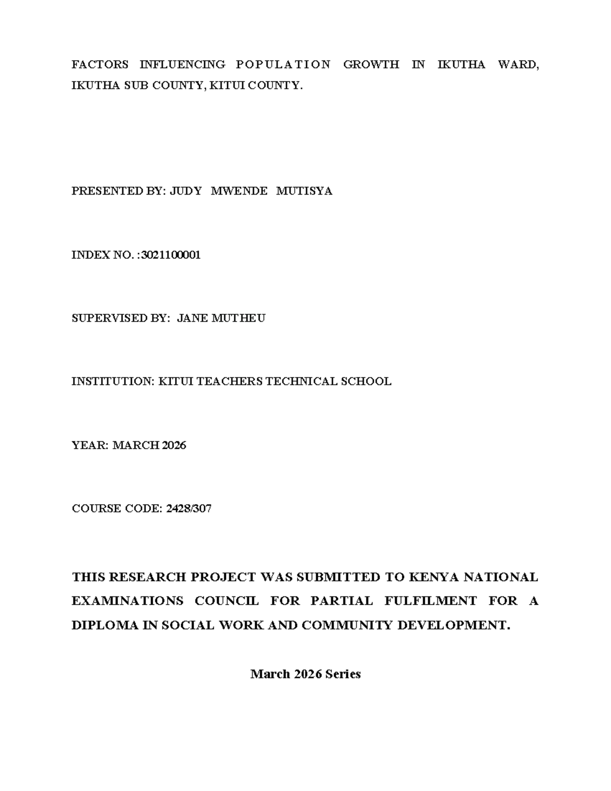 Factors Influencing Population Growth in Ikutha Ward: A Study (SWCD ...