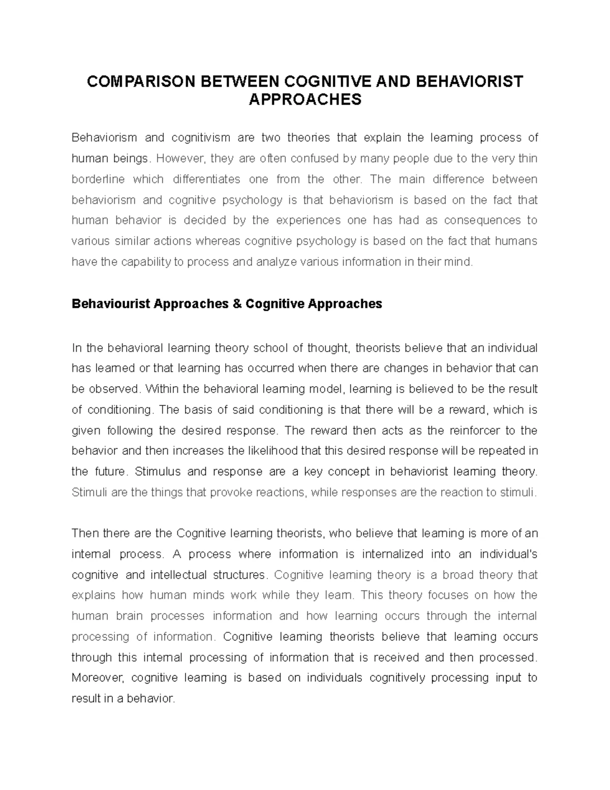 Comparison between cognitive and behaviorist approaches - COMPARISON ...