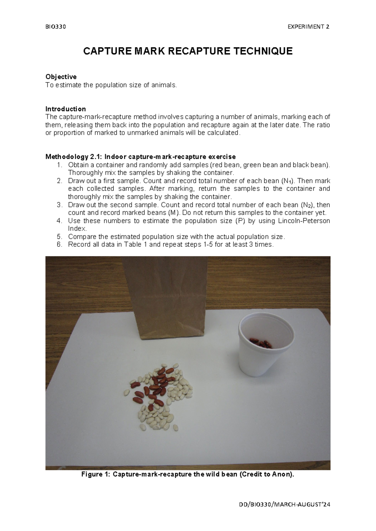 BIO330 EXP 2: Capture-Mark-Recapture Method Overview and Procedures ...