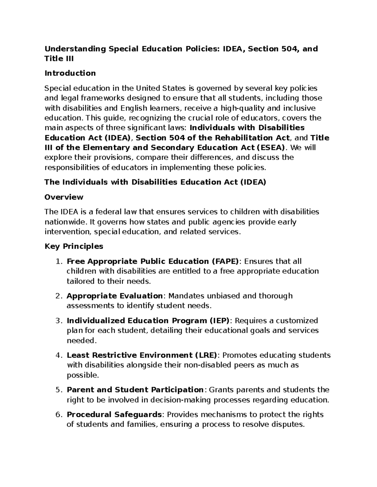 Understanding Special Education Policies: IDEA, Section 504 & Title III ...