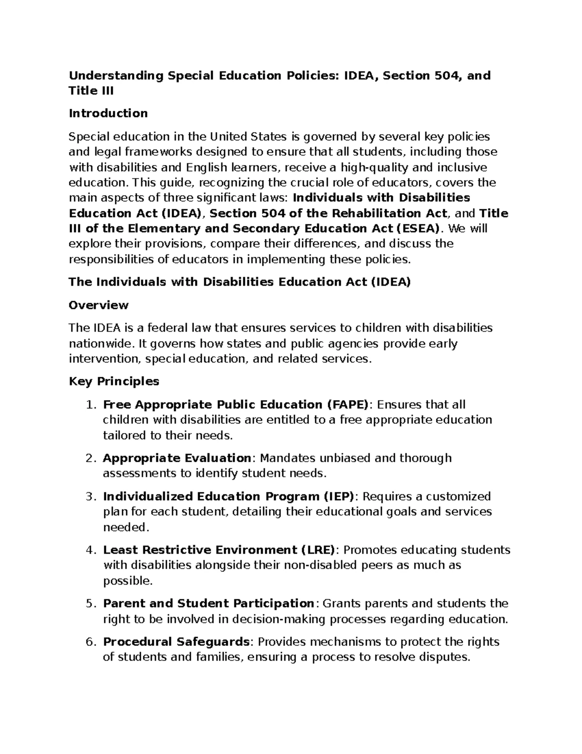Understanding Special Education Policies: IDEA, Section 504 & Title III ...