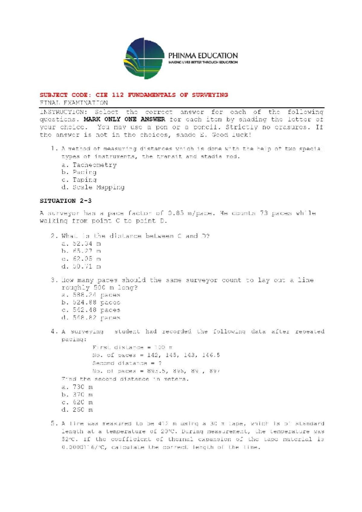 CIE 112 Fundamentals of Surveying Final Exam Questions and Answers - Studocu