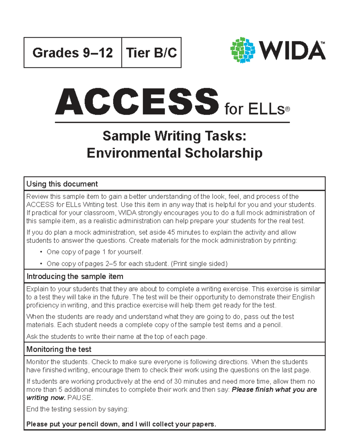 ACCESS for ELLs Writing Sample: Environmental Scholarship Tasks Gr 9-12 ...