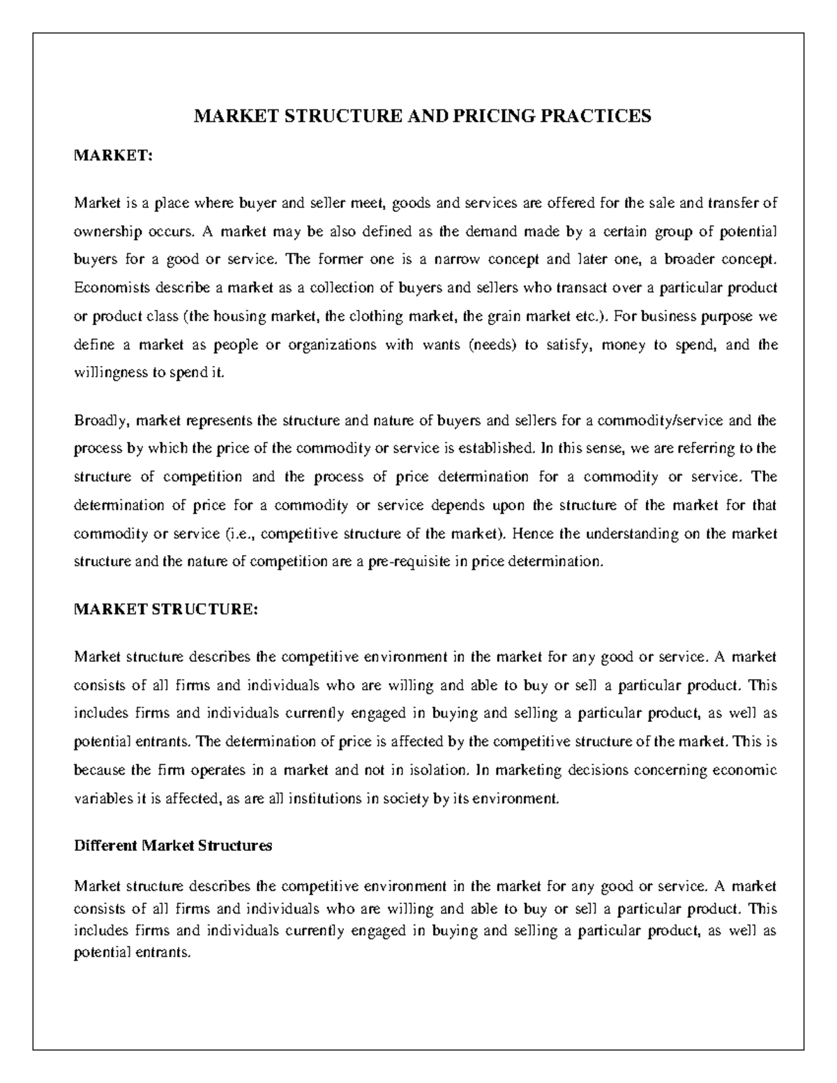 Market Structure And Pricing Practices - MARKET STRUCTURE AND PRICING ...