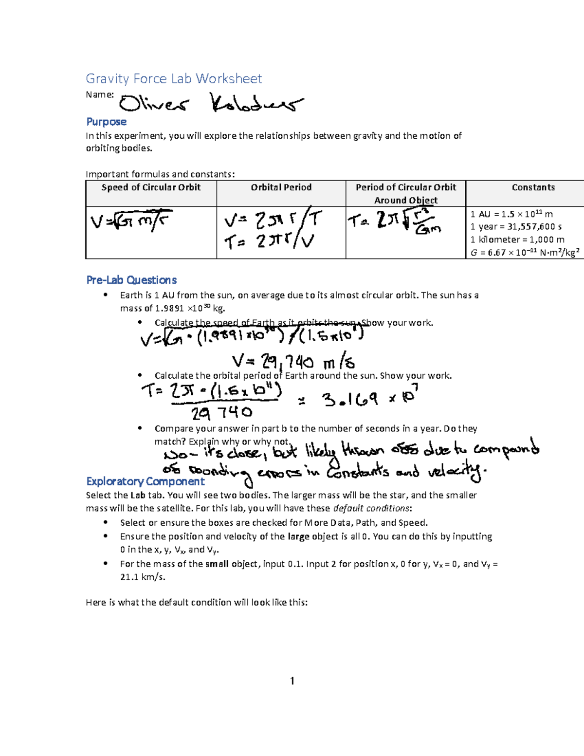 Gravity Force Lab Worksheet: Exploring Orbital Motion and Relationships ...