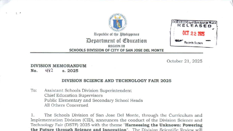 DM No. 482, s.2025 -Division Science and Technology Fair 2025 - SDO ...