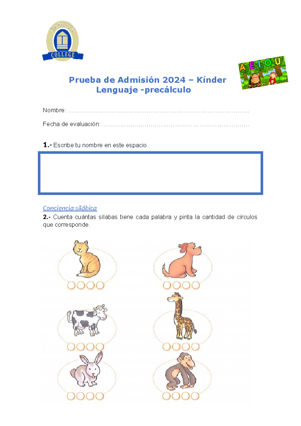 Prueba de Admisión Kínder 2024 - Evaluación de Lenguaje y Patrones ...