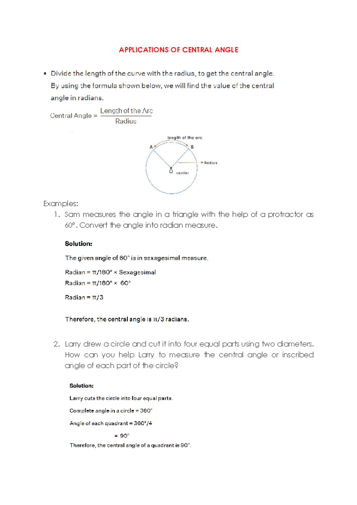 Applications of Central Angle in Geometry - Studocu
