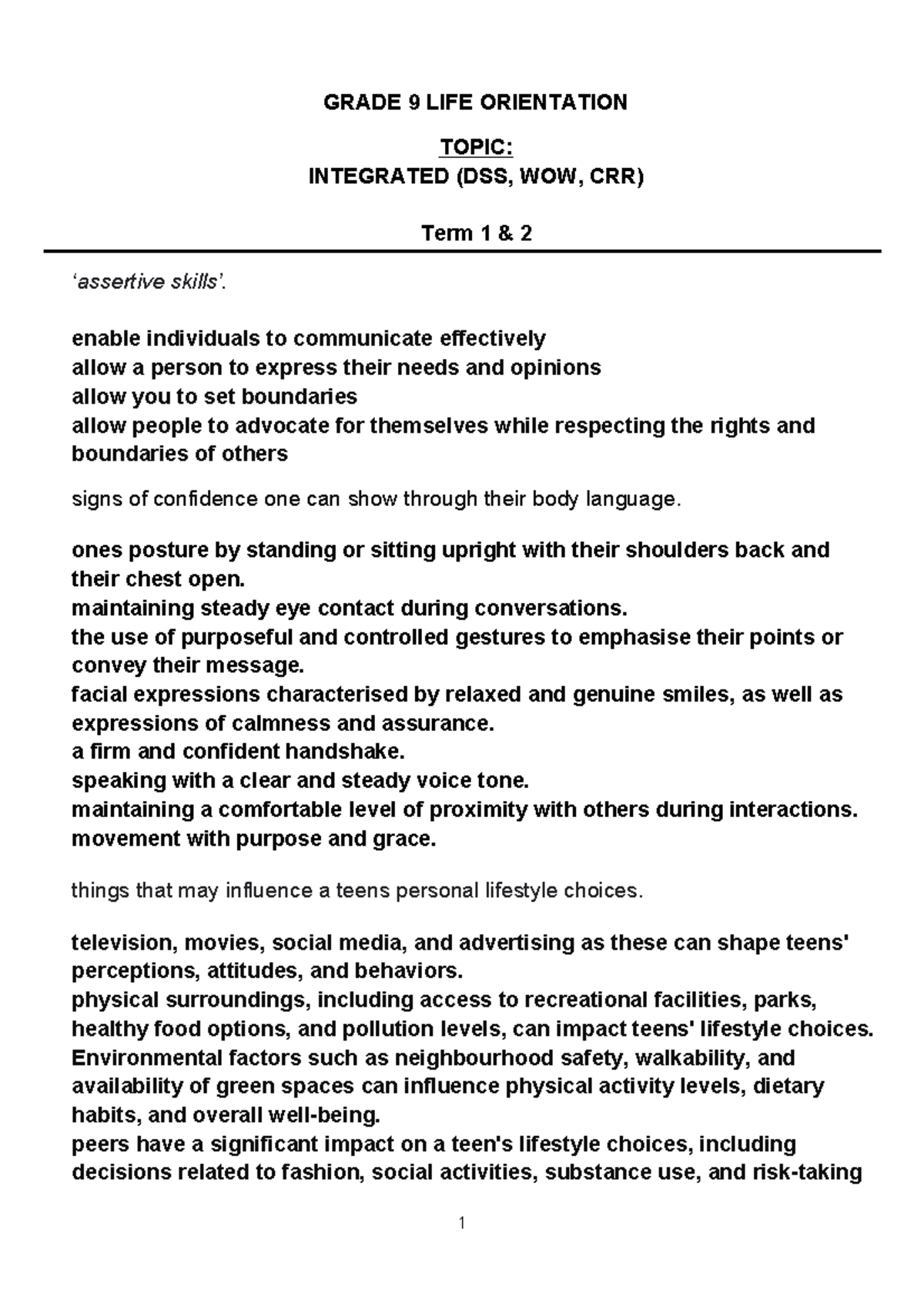 Grade 9 Life Orientation: Integrated Skills & Personal Rights Notes ...