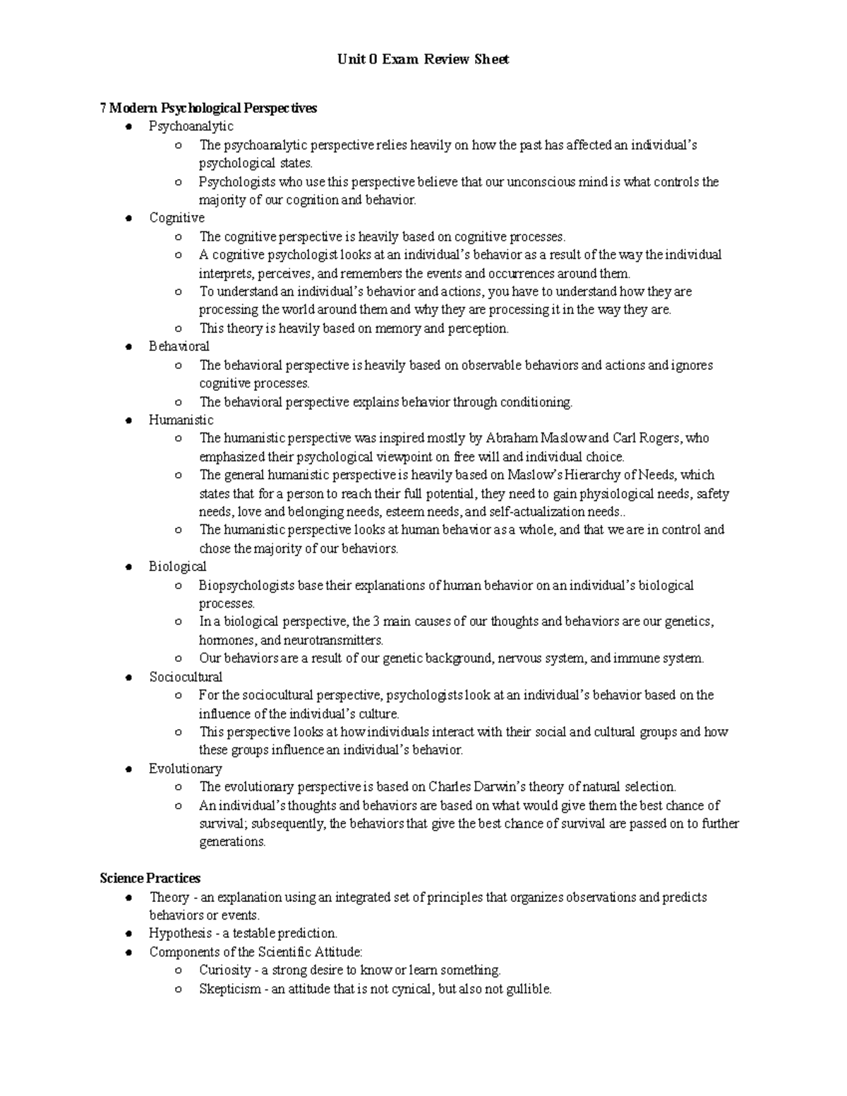 Unit 0 Exam Review Sheet - AP Psychology Perspectives and Methods - Studocu