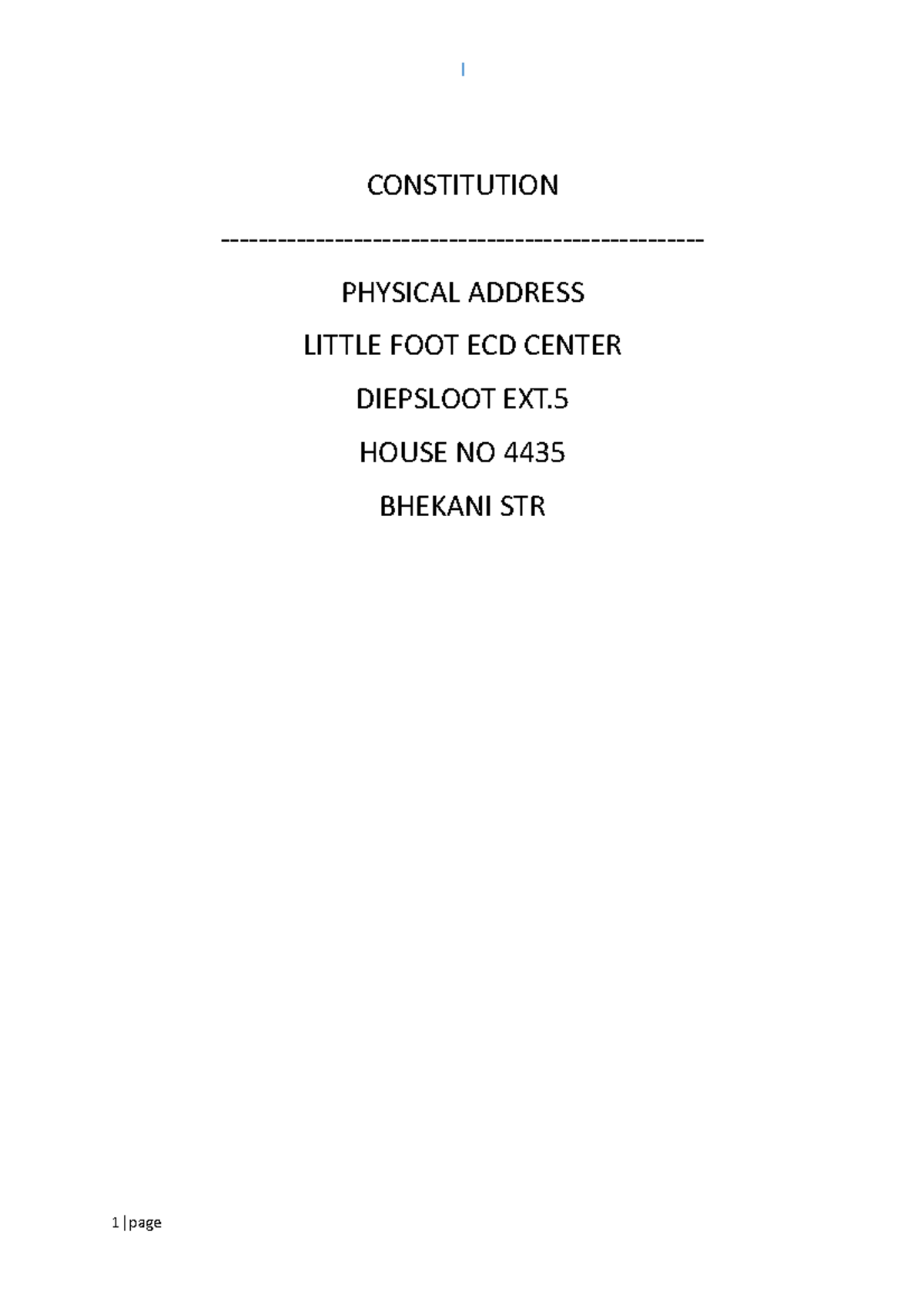 Constitution of Little Foot ECD Centre: Governance & Objectives - Studocu